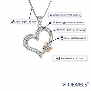 Vir Jewels 1/10 cttw Diamond Pendant, Diamond Butterfly and Heart Pendant Necklace for Women in 14K Gold with 18 Inch Chain, Prong Setting