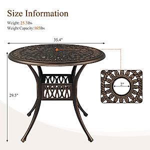 VINGLI Patio Dining Table, Patio Table with Umbrella Hole Outdoor Dining Table, Cast Aluminum Outdoor Bistro Table Outdoor Furniture Garden Table (35.4”Diax29.5”H)