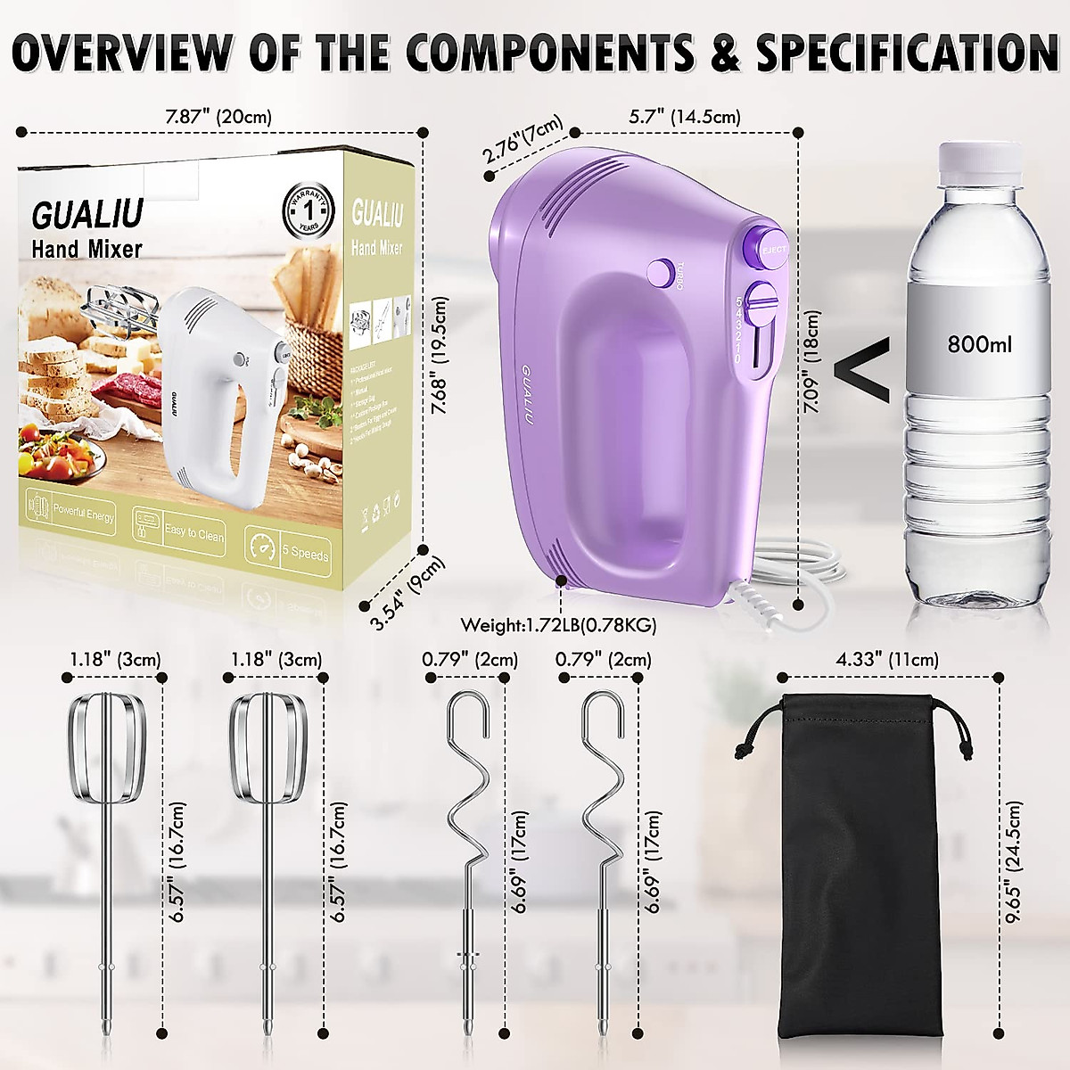 Electric Hand Mixer with Stainless Steel Whisk, Dough Hook Attachment and Storage Bag, Handheld Mixer for Baking Cakes, Eggs, Cream Food Mixers. Turbo Boost /5 Speed Kitchen Blender PURPLE