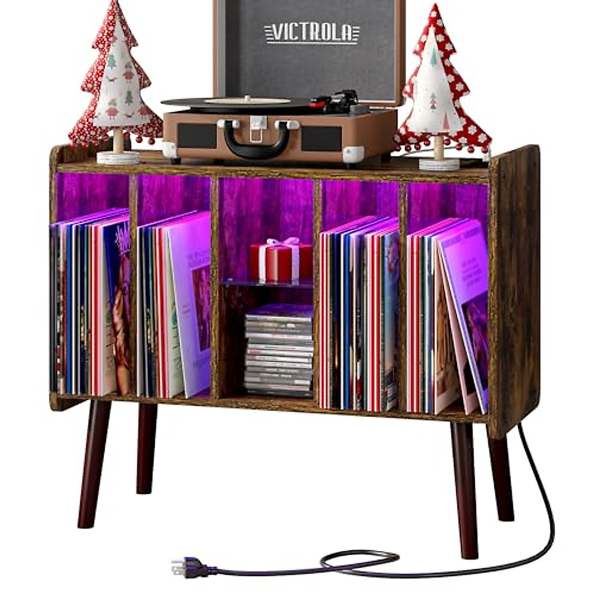 Tantmis LED Record Player Stand, Turntable Stand with Vinyl Record Storage, Mid Century Modern Record Player Table, Rustic Brown Record Player Cabinet with Power Outlet for Living Room, Bedroom