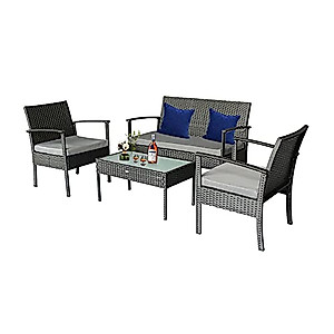 StellaHome Rattan Patio Outdoor Furniture Sets 4 Pieces Wicker Chairs Loveseats with Extra Cushion Covers for Replacement (Black Wicker/Grey&Beige Cushions)