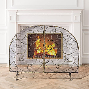 XSDevecor Handcrafted Large Free Standing Fireplace Screen, Sturdy Wrought Iron Frame Decorative Mesh Fire Spark Guard Gate, 43“ W x 33” H