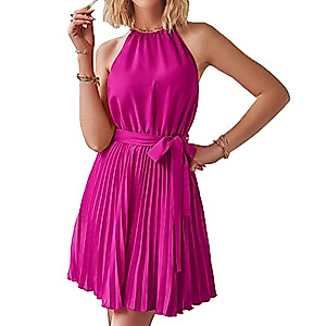 BTFBM Women 2024 Summer Casual Halter Neck A-Line Dress Sleeveless Belted Swing Pleated Cocktail Party Beach Mini Dresses(Solid Purple Red, Large)