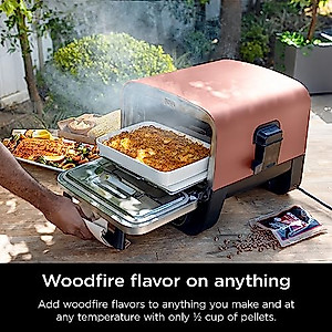 Ninja OO101 Woodfire 8-in-1 Outdoor Oven, Pizza Oven, 700°F High Heat Roaster, BBQ Smoker, Woodfire Technology, Pellets for Woodfire Flavor, Weather Resistant, Portable, Electric, Terracotta Red