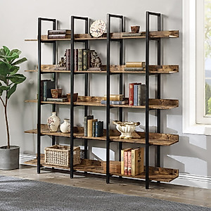 GNIXUU Triple Wide Bookshelf 5-Tier, Industrial Display Bookcase with Metal Frame, Tall Open Storage Book Shelves for Bedroom Living Room Office (Rustic Brown)