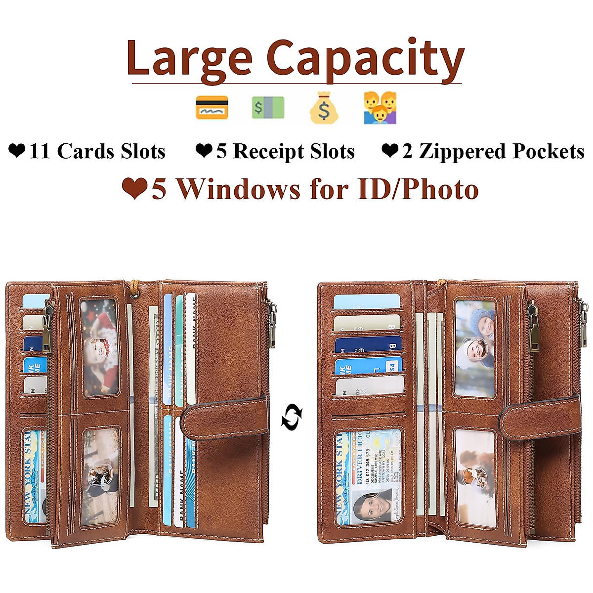 GOIACII Womens Wallets Large Capacity Credit Card Holder Rfid Wallet Women Double Zipper Pocket Leather Bifold Ladies Wristlet Clutch Wallet