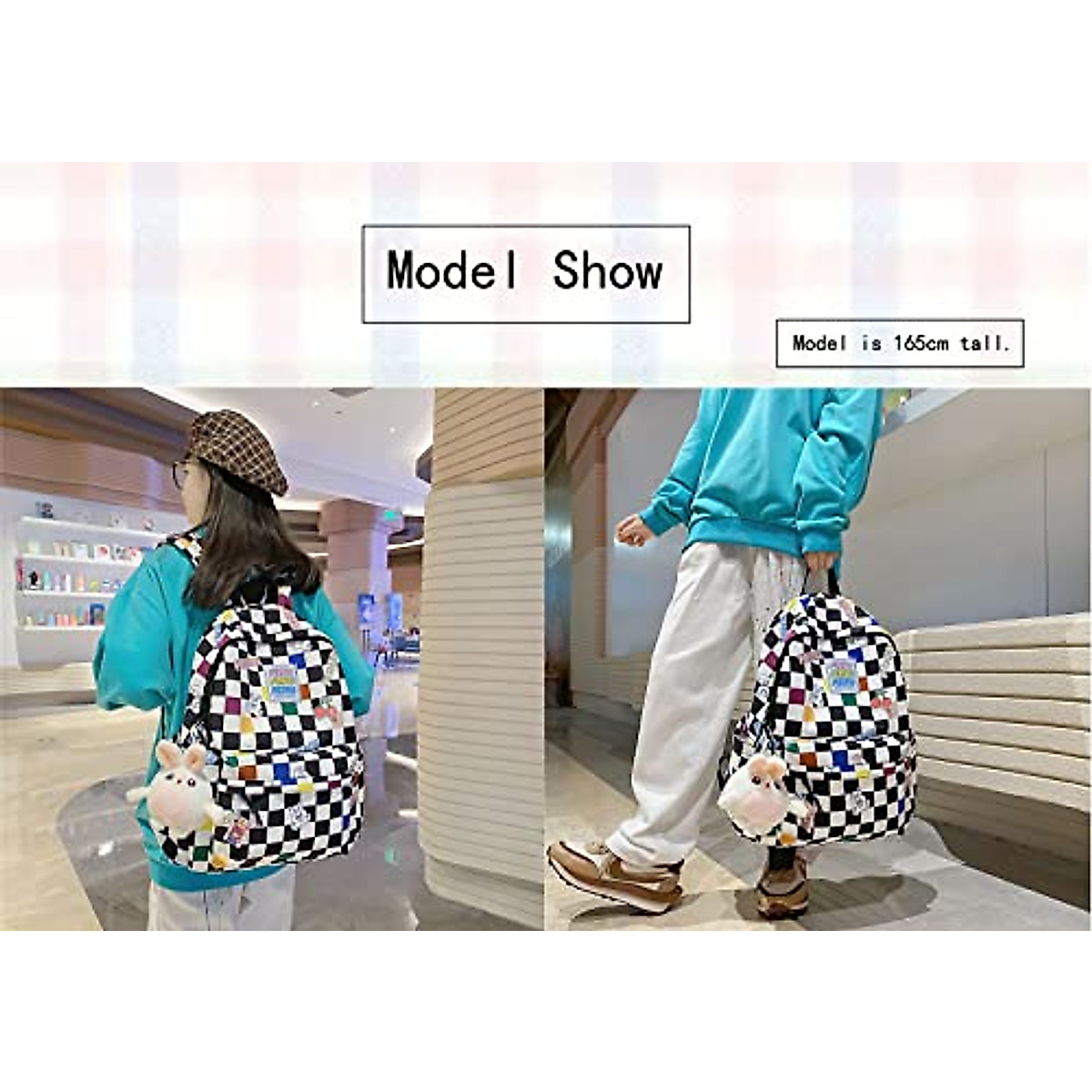 Nouflux Kawaii Backpack for Girls School Cute Backpack with Doll Checkerboard Backpack Teen Girls(Black)