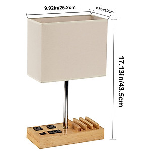 Dreamholder Desk Lamp with 3 USB Charging Ports, Table Lamp with 2AC Outlets and 3 Phone Stands, Nightstand Bedside Lamp with Natural Wooden Base and Cream Linen Shade