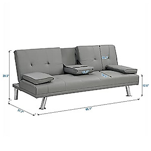 Eafurn Convertible Futon Bed, Soft Faxu Leather Upholstered Loveseat Adjustable Sleeper, Button Tufted Sofa & Couch with Removable Pillow Top Armrests and 2 Cup Holders, Gray PU