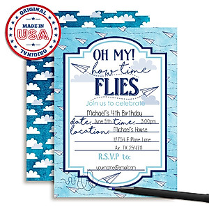 Paper Airplane Time Flies Themed Birthday Party Invitations, 20 5x7 Fill In Cards with Twenty White Envelopes by AmandaCreation