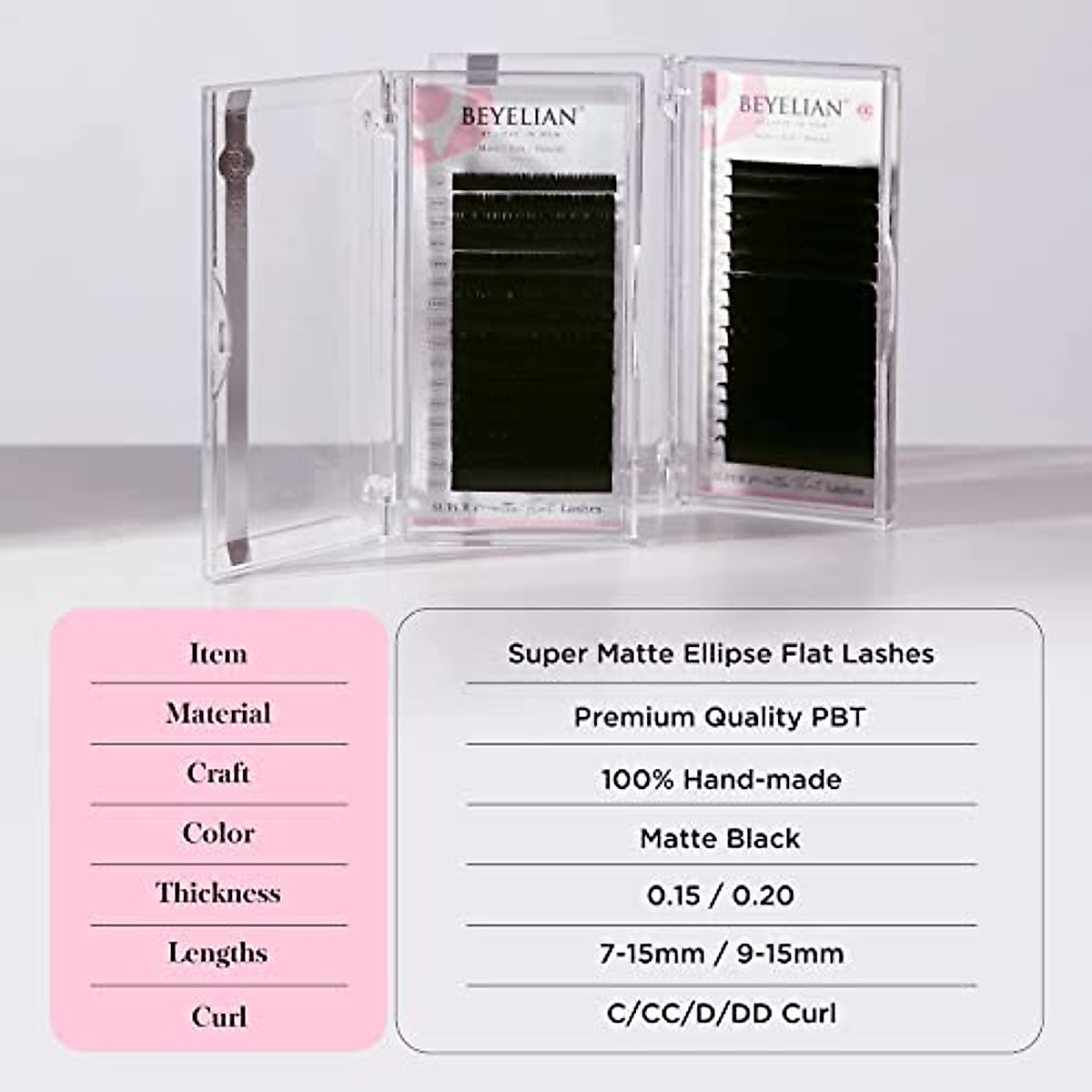 BEYELIAN Eyelash Extensions, Individual Lashes, 0.20mm D Curl 7-15mm Super Matte Classic Lash Extensions, Ellipse Flat Eyelash Extension, Mixed Tray for Professional Salon Use