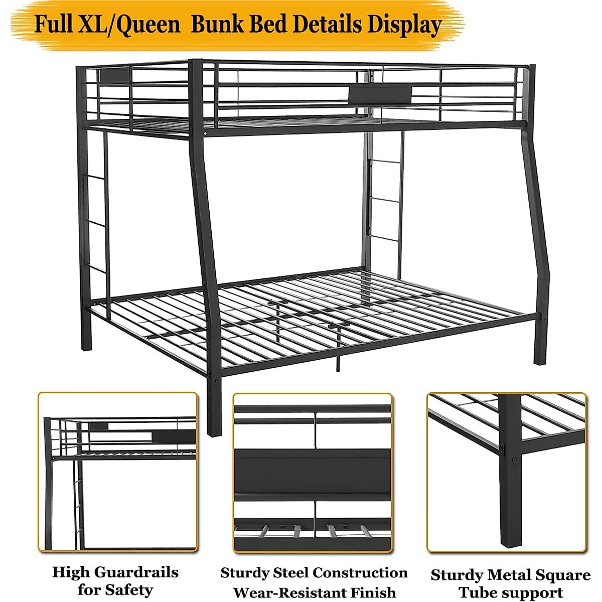 Bellemave Full XL Over Queen Metal Bunk Bed with 2 Ladders, for Kids Teens Adults - Sandy Black