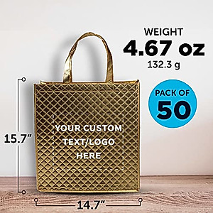 DISCOUNT PROMOS Custom Luxurious Laminated Tote Bags Set of 50, Personalized Bulk Pack - Reusable, Great for Shopping, Beach, Wedding Favors - Gold