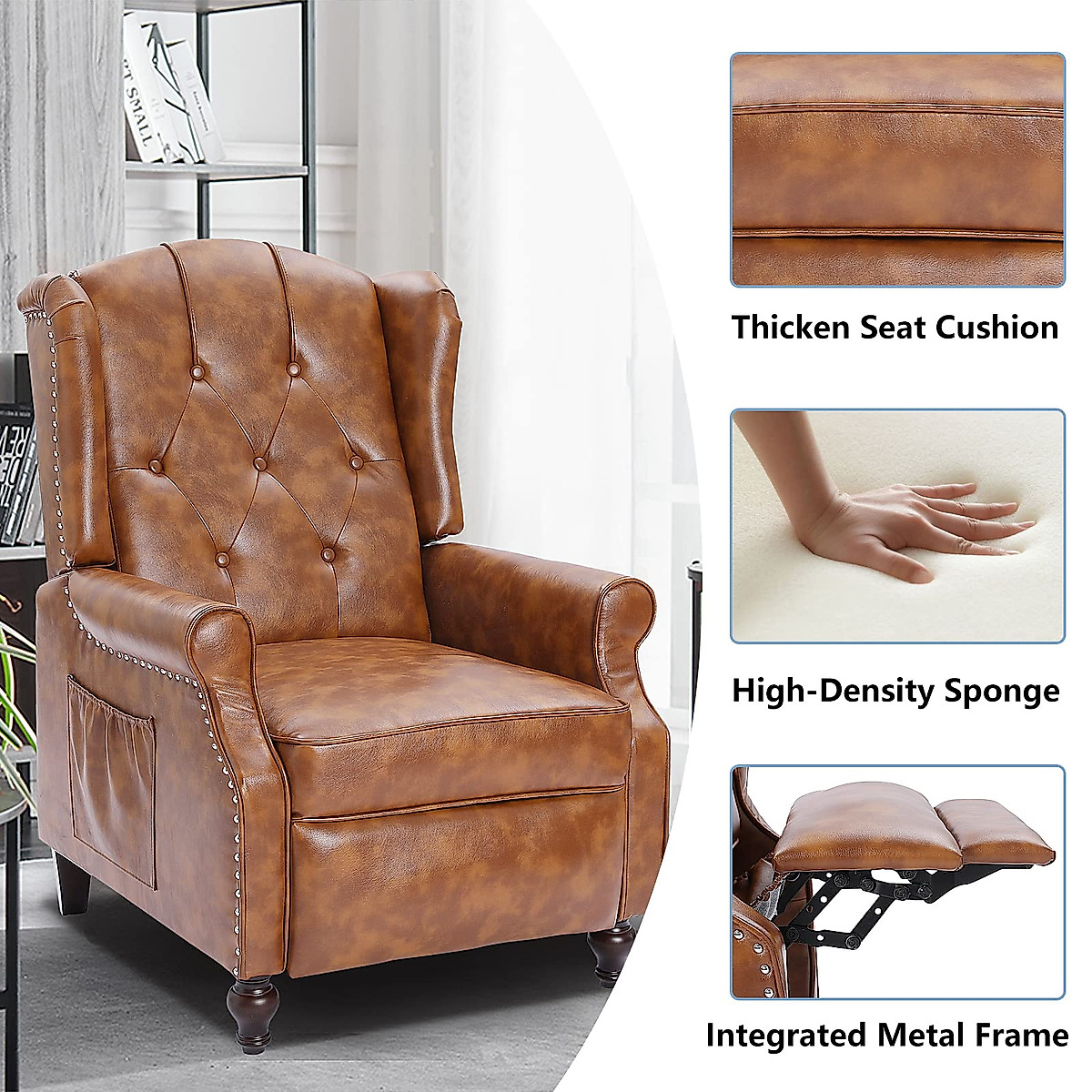Consofa Wingback Recliner Chair with Heat and Massage, PU Leather Push Back Recliner Chair for Living Room, Vintage Wingback Recliner with Remote Control,Padded Cushion,Backrest,Wooden Legs