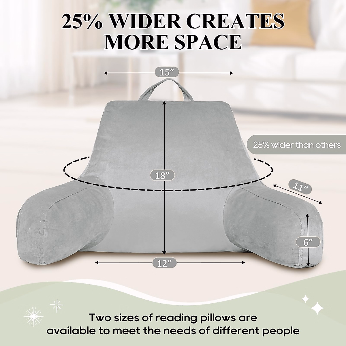downluxe Reading Pillow with Arms, Back Pillow for Sitting in Bed, Adult Bed Rest Pillow with Shredded Memory Foam and Removable Cover (18 X 15 Inches Grey)
