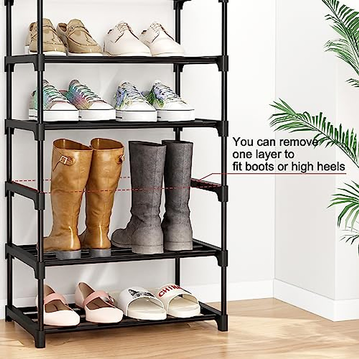 Fixwal 10 Tiers Shoe Rack for Closet, Tall Shoe Organizer Storage Shelf for 20-24 Pairs of Shoes and Boots, Narrow Metal Shoe Shelf with Hooks for Entryway Bedroom Hallway (Black)