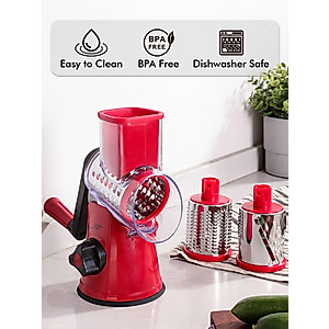 LucGee Rotary Cheese Grater with Handle - 3 in 1 Cheese Shredder Rotary Grater Stainless Steel Handheld, Vegetable Slicer for Fruit, Cheese, Nuts(Red)