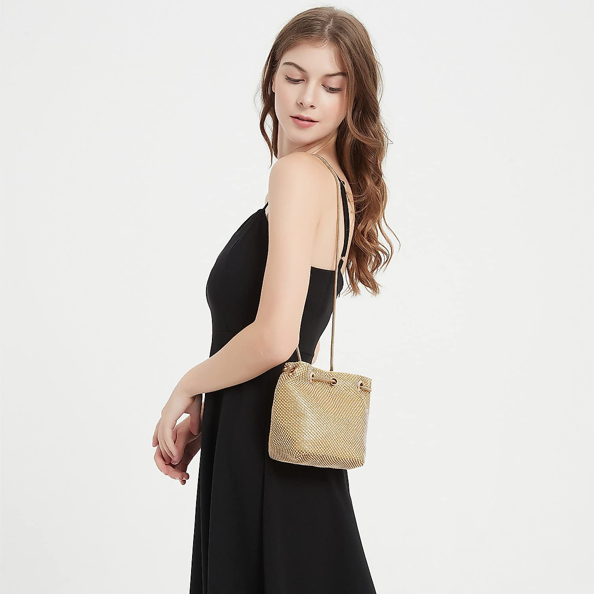 Vgift Evening Purse Women, Rhinestone Bucket Bag Crystal Purse for Wedding Party, Gold