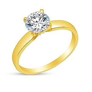 Size - 7.5 - Solid 14k Yellow Gold Round Cut Thick Band Classic Solitaire Wedding Engagement Ring CZ Cubic Zirconia 1.0ct.
