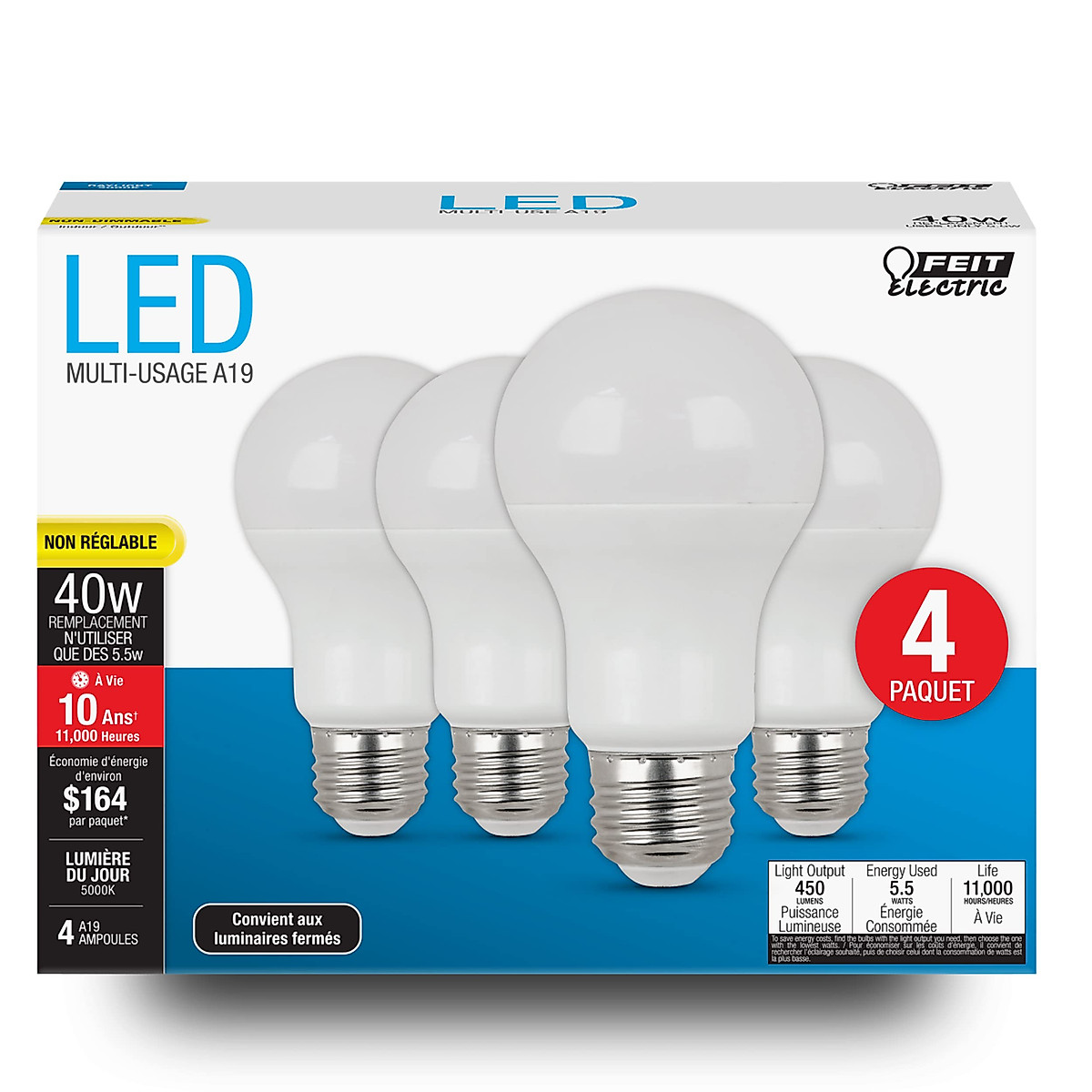 FEIT ELECTRIC A450/850/10KLED/4 4-Pack 40W Equivalent 5.5 Watt Non-Dimmable A19 LED Light Bulbs, 4.4" H x 2.35" D, 5000K Daylight, 4 Piece