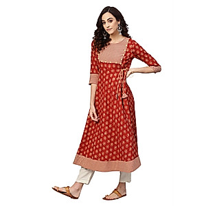 Yash Gallery Women's Cotton Slub Floral Print Angrakha Kurtis (Rustic Brown)