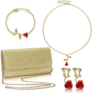 3 Pcs Women Red Rose Jewelry Set Gold Evening Bag Clutch Purses 18K Gold Plated Necklace Earrings Evening Party Handbag Wedding Bag for Women Gift