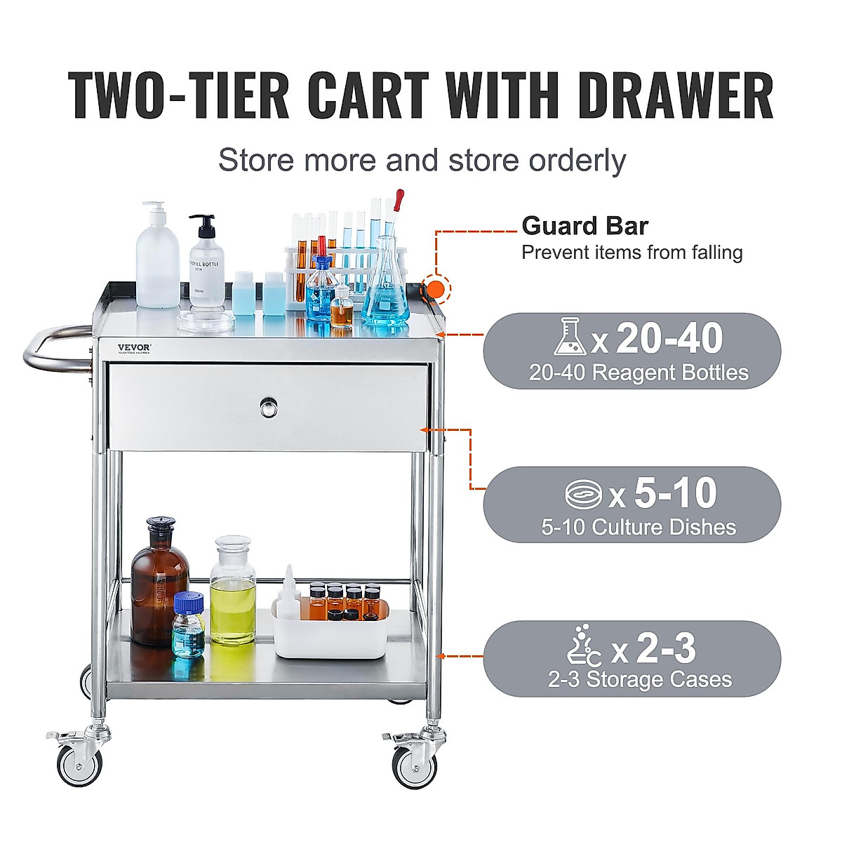 VEVOR Shelf Stainless Steel Utility Cart Catering Cart with Wheels Medical Dental Lab Cart Rolling Cart Commercial Wheel Dolly Restaurant Dinging Utility Services (2 Shelves/ 1 Drawer)