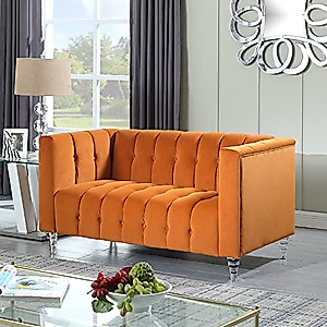 mikibama Mid-Century Modern Velvet Loveseat Sofa 57 Inch Button Tufted Couch Chesterfield Sofa with Square Arms & Acrylic Legs, 2 Seater Sofa for Living Room (Orange)