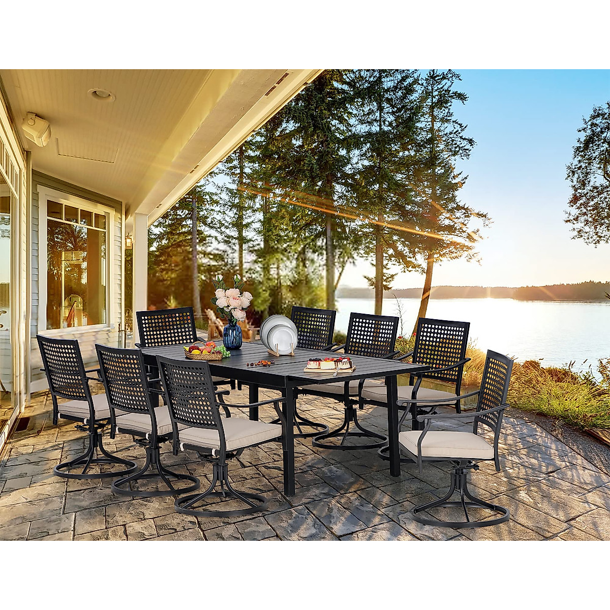 PHI VILLA Outdoor Dining Table and Chairs Set for 8, 9 Pieces Patio Metal Expandable Rectangular Table and Black Swivel Chairs with Cushions, Dining Furniture Set for Backyard, Porch