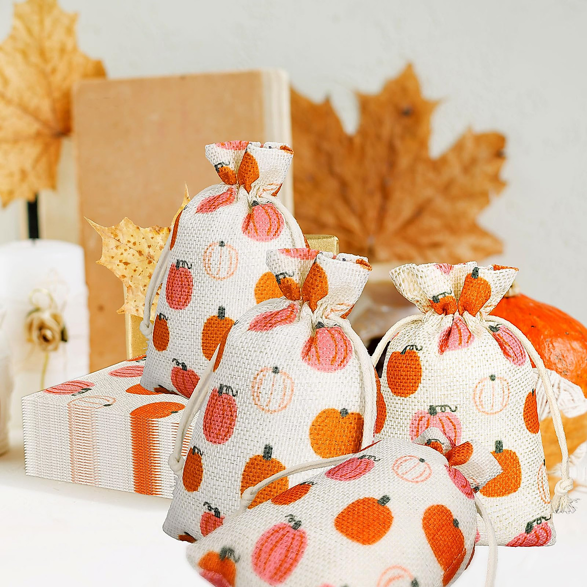 JarThenaAMCS 24Pcs Fall Pumpkin Burlap Gift Bags Cute Pink Orange Pumpkin Linen Drawstring Bags Jewelry Pouch Bags for Autumn Harvest Thanksgiving Party, 4 x 6in