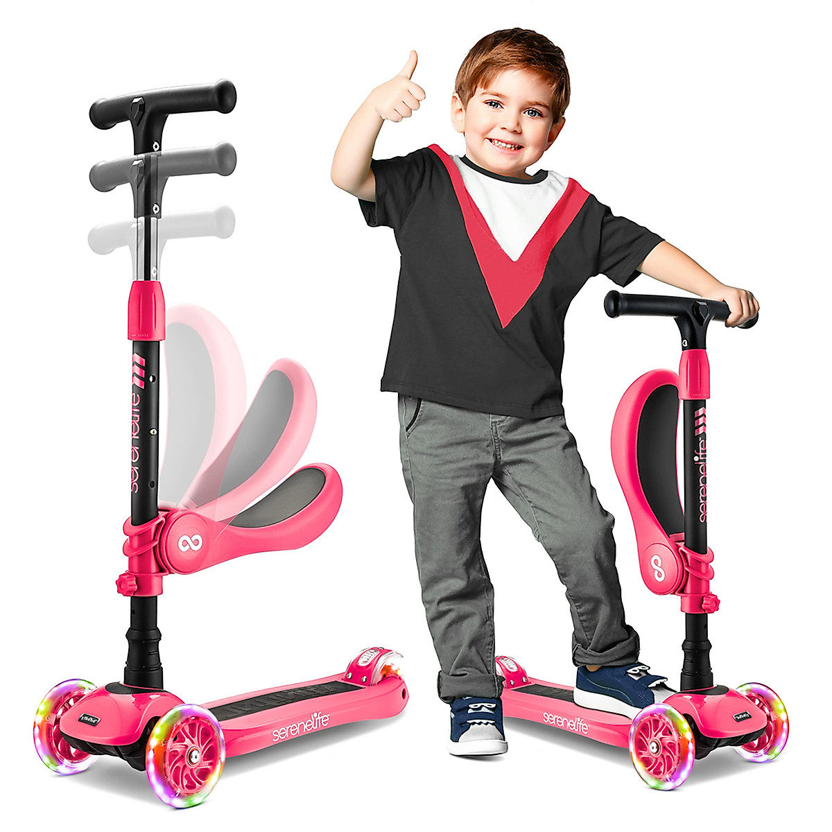 SereneLife 3 Wheeled Scooter for Kids - 2-in-1 Sit/Stand Child Toddlers Toy Kick Scooters w/ Flip-Out Seat, Adjustable Height, Wide Deck, Flashing Wheel Lights, Great for Outdoor Fun -SLKS26 (Pink)