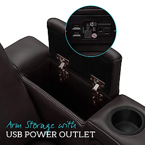 Abbyson Living Rider Powered Reclining Theater Chair - Built in USB/Power Outlet, Cup Holders, Tray/Side Table, Faux Leather Home Theater Chair, Brown