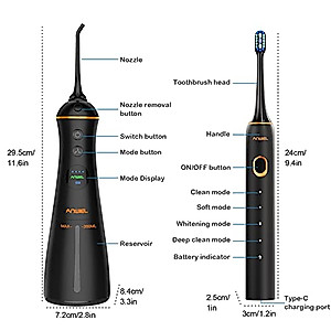 【2 in 1】 Water Dental Flosser and Ultrasonic Electric Toothbrush for Teeth, 300ML Oral Irrigator, 6 Tips, 4 Brush Heads, IPX7 Waterproof Waterflosser Flossing Teeth Cleaning Kit for Gums, Braces Care