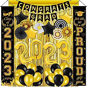 2023 Graduation Party Decorations, Black & Gold Graduation Decor Kits Include Banners and Balloons, Ideal Congrats Grad Decorations For High School, College