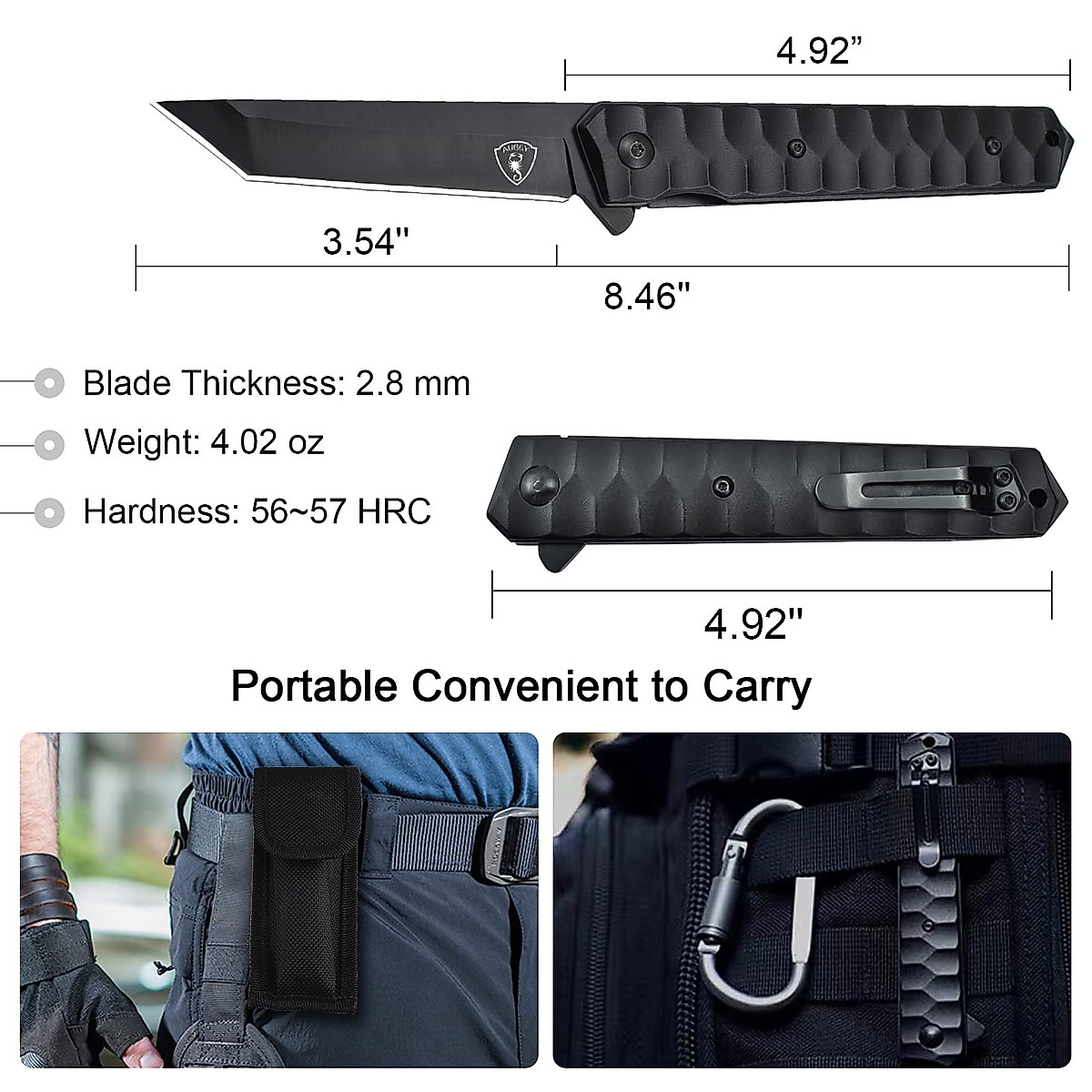 AUBEY Tanto Blade EDC Knife, 440 Steel Pocket Folding Knife with Liner Lock, Clip, Aluminum Handle and Glass Breaker, Nice Gift for Men Women (Black)