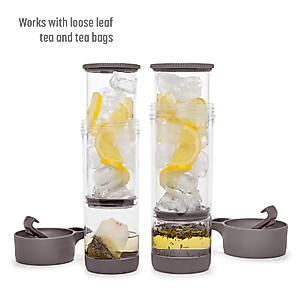 Press and Go Iced Tea Tumbler For Loose Leaf or Bagged Teas, Double Wall Travel Tea Mug with Stainless Steel Infuser, Leakproof, Dishwasher Safe
