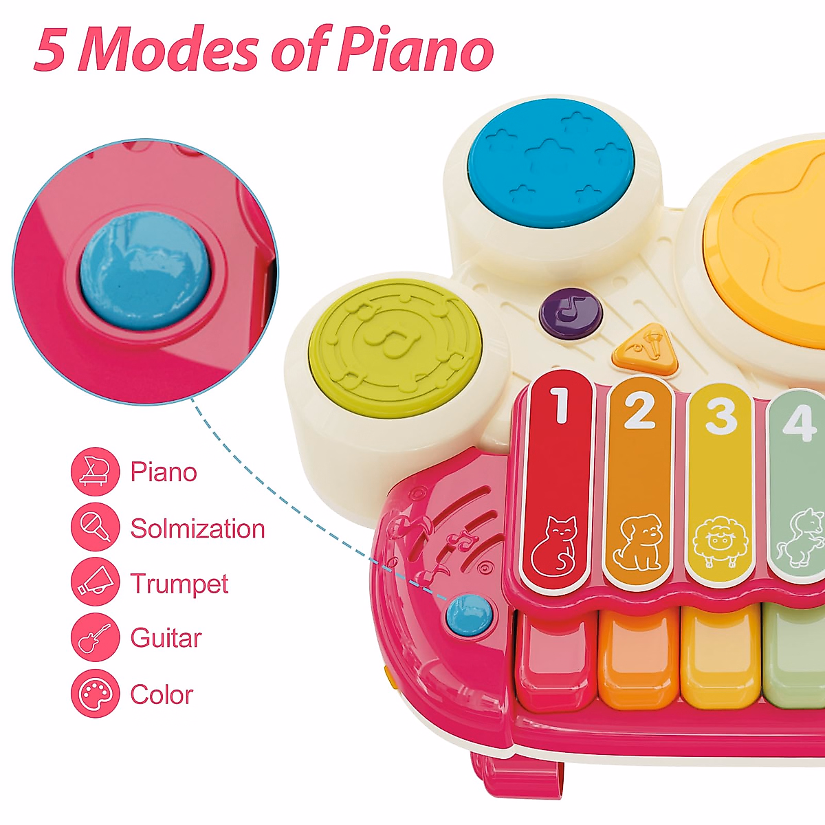 Popsunny Baby Musical Toys, 5 in 1 Toddler Drum Set Electronic Piano Keyboard Xylophone with Lights, Music Instruments Learning Toys Gifts for Boys Girls 1 2 3 Years Old