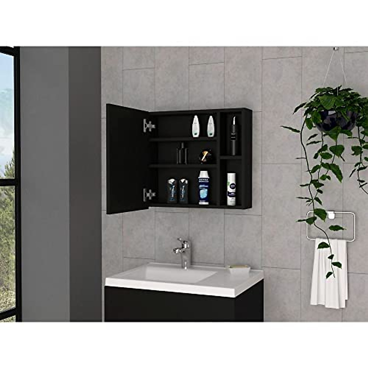Queets Medicine Single Door Cabinet with Mirror, 2 Open Shelves, and 3 Inner Shelves, Black