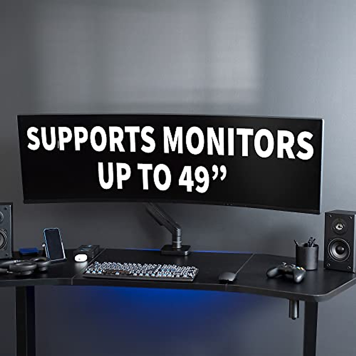 VIVO Premium Aluminum Single Gaming Monitor Arm for Ultrawide Screens up to 49 inches and 44 lbs, Heavy Duty Desk Mount Stand, Pneumatic Height, Max VESA 100x100, Black, STAND-V100D