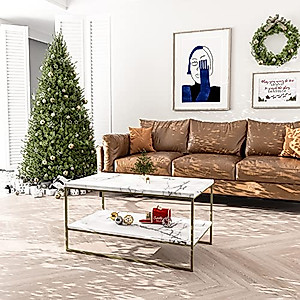 roomfitters 35” Faux Marble Coffee Table, Marble Top Rectangular Coffee Table, Center Table with Gold Metal Frame, 2 Tier Living Room Table, Cocktail Table with Storage for Living Room