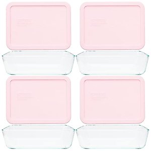 Pyrex (4 7210 3 Cup Glass Dishes & (4) 7210-PC Loring Pink Lids Made in the USA