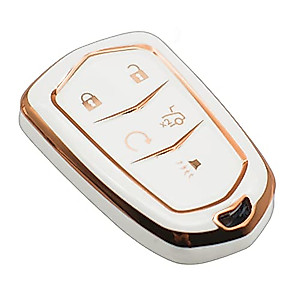 FEYOUN Key Fob Cover Compatible with Cadillac ATS SRX CT6 CTS XT5 XTS Escalade ESV Smart 5 Buttons TPU Remote Keyless Key Fob Case Protection Shell Accessories, White