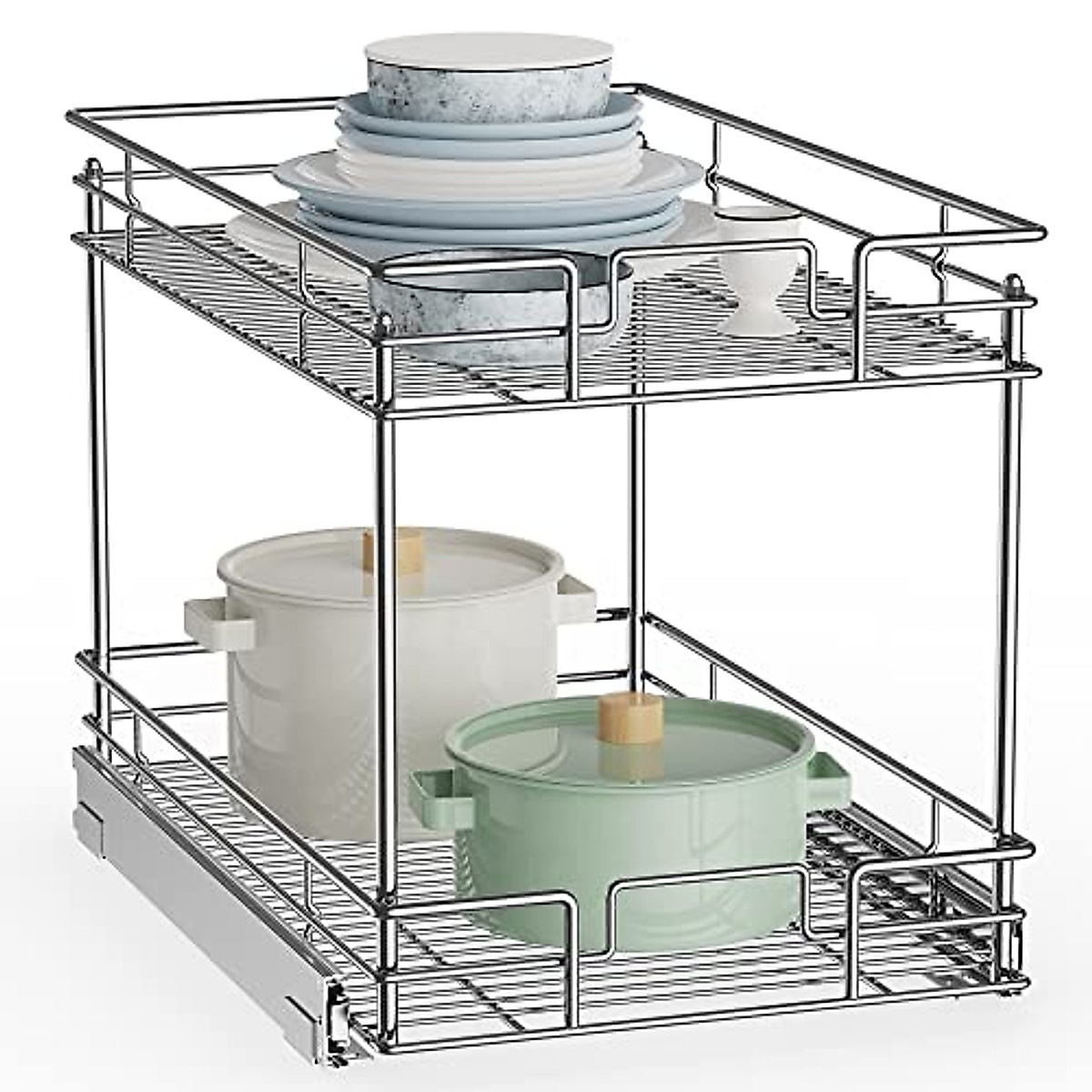 ROOMTEC New Version Pull Out Cabinet Organizer for Base Cabinet (11" W X 18" D), Kitchen Cabinet Organizer and Storage 2-Tier Cabinet Pull Out Shelves Under Cabinet Storage for Kitchen Silver,Chrome