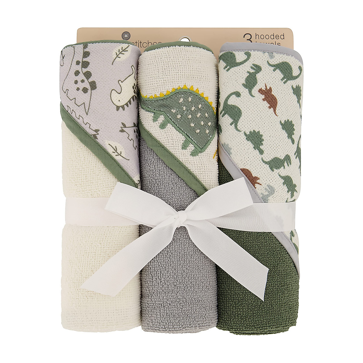 Cudlie Buttons & Stitches Baby Boy 3 Pack Rolled/Carded Hooded Towels in Dino Roar Print (GS71721)
