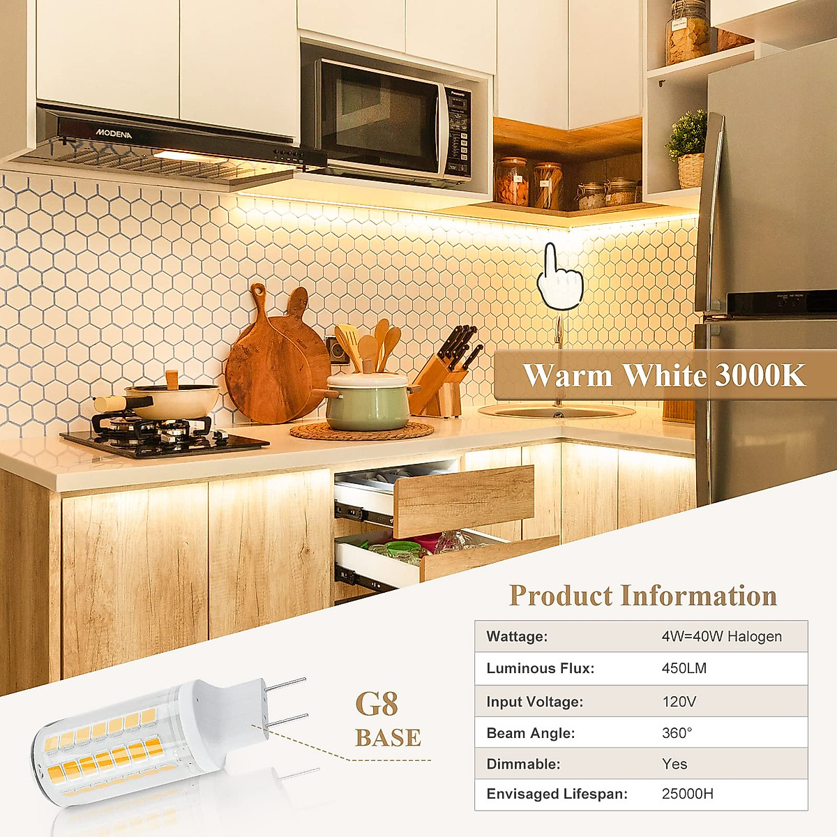 DiCUNO G8 Dimmable LED Bulb Flat Base 4W (40W Halogen Equivalent), Warm White 3000K, 450LM, Bi Pin Base Bulb Replacement for Under Counter, Under-Cabinet Light and Puck Light, 6 Pack