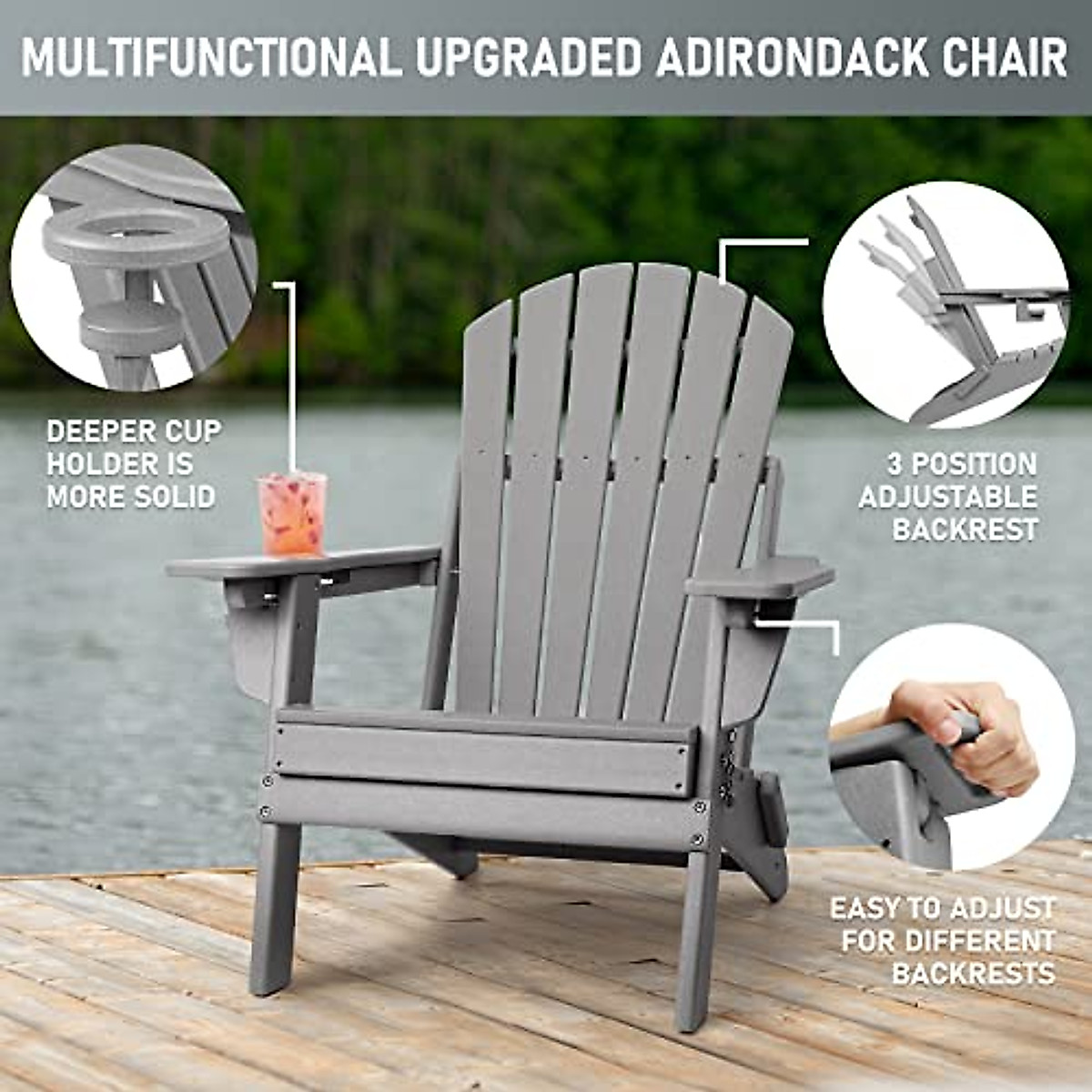 FUNBERRY Plastic Adirondack Chairs,Folding Adirondack Chairs,Adjustable Backrest Adirondack Chair,Fire Pit Chairs,Resin Adirondack Chairs with Cup Holder,Composite Adirondack Chairs