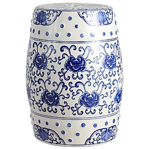 JONATHAN Y TBL1000A Lotus Flower 17.8" Chinoiserie Ceramic Drum Garden Stool Bohemian, Coastal, Classic, Cottage, French Country, Traditional, Transitional, Bathroom, Garden Room, Patio, Blue/White