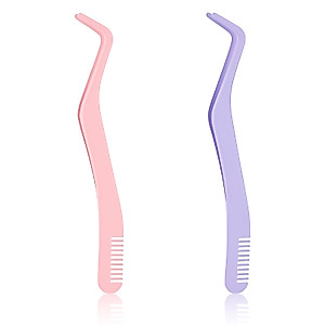 2pcs Eyelash Tweezers Set, Stainless Steel Eyelash Extension Tweezers with Comb False Lash Application Tool for Girls Women Beginners Makeup Artists (Light Purple, Light Pink)