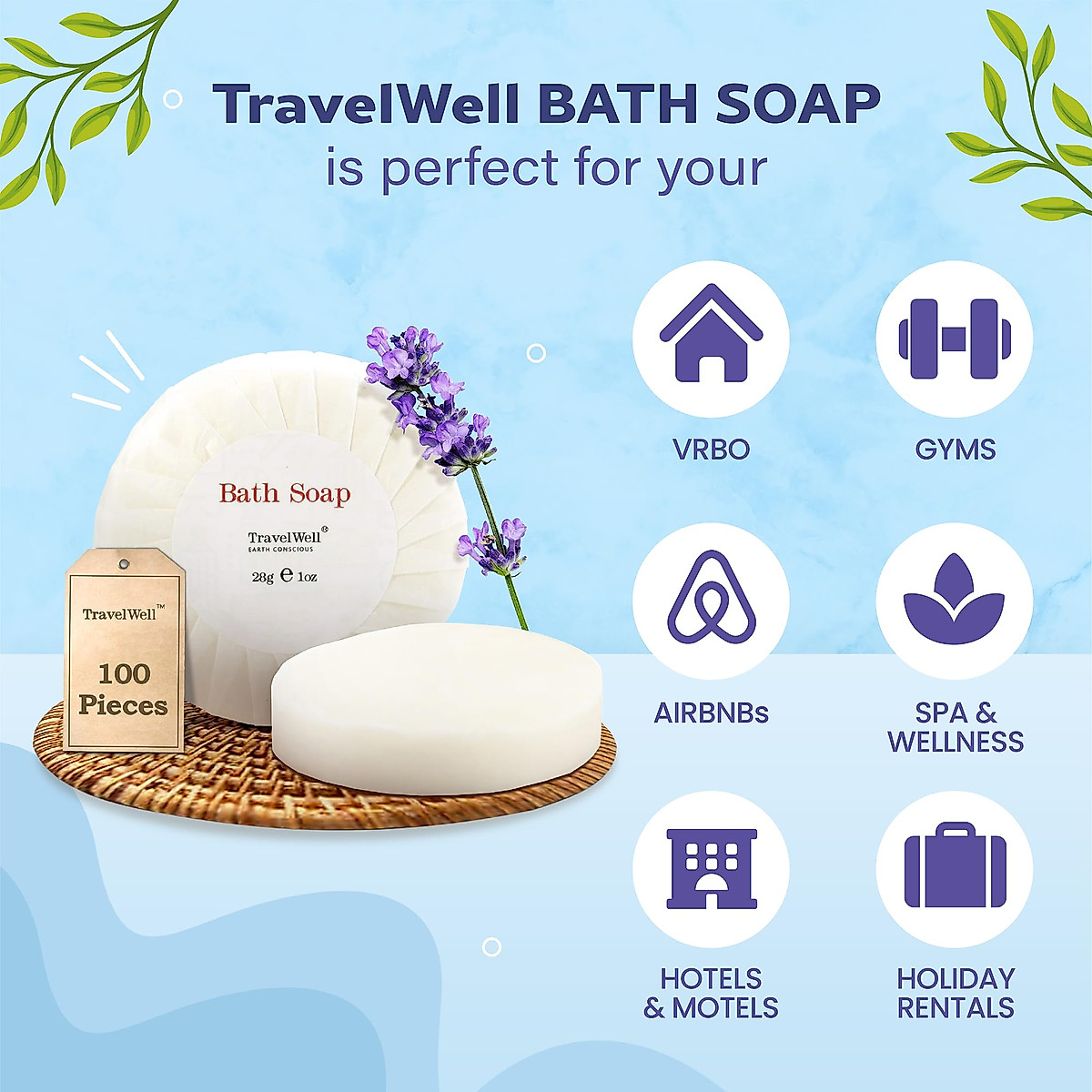 Travel Well Bar Soap Bulk - 100 Pack, 1.0 oz Travel Size Soap Bars - Individually Wrapped For Hotels and Motels - Great for Vacation Rental and Airbnb Toiletries or Hygiene Kits Supplies