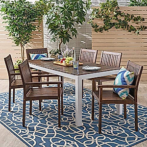 Christopher Knight Home Noe Outdoor 7-Piece Acacia Wood Dining Set, Dark Brown and White